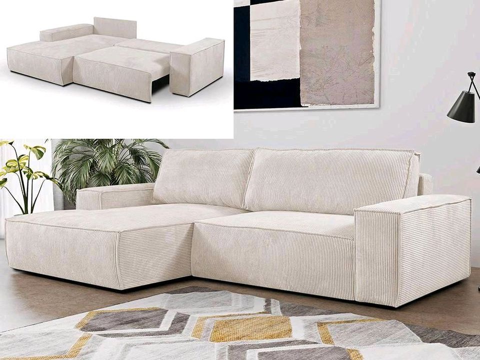 Nizza Sofa Couch Cord Beige L Form Schlaffunktion Kasten Block – GO MÖBEL